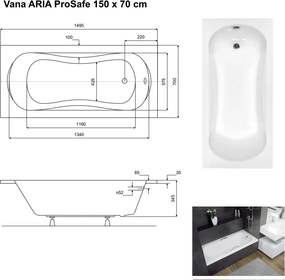 Besco ARIA PROSAFE 150 x 70 cm VANARIA150PROS+OLVPINOZ akrylátová vana vč. noh