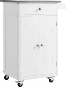 HOMCOM Bílý Kitchen Island Trolley z MDF a nerezové oceli s kolečky, víceúložný, 1 zásuvka, skříňka s 2 dveřmi a držákem na utěrku