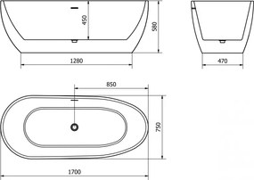 Mexen Eos, volně stojící vana 170 x 75 cm, bílá-černá, zlatý matný přepad, 52471707575-55