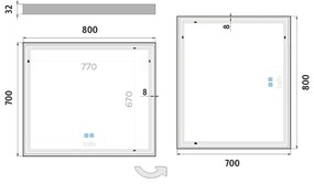 Nimco LED zrcadlo 800x700 se dvěma dotykovými senzory OBDELNÍKOVÁ - OSTRÉ ROHY - ZP 13003VX