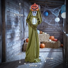 HOMCOM Animovaný vyskočivý dýňový kostlivec, 173 cm, strašidelná halloween dekorace se světlem a aktivací zvukem a dotekem