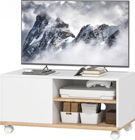 HOMCOM Rolling TV Stand with Cabinet, Cable Management & Adjustable Shelf, Fits TVs up to 32", White & Oak, 31.5 x 17.7 x 16.1 in | Aosom