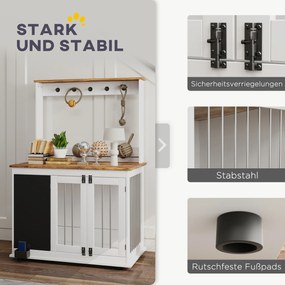 PawHut klec pro psy do domácnosti, box pro psy se 3 dvířky, úložný regál na hračky, psí bouda s háčky, psací deska, guma, pro velké psy, bílá