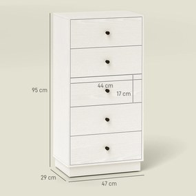 HOMCOM Úzká komoda se 5 zásuvkami do ložnice s vysokou skříní proti převrhnutí pro obývací pokoj či chodbu 47x29x95 cm Bílá