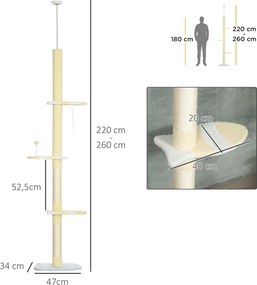 PawHut škrabadlo, kočičí škrabadlo stropní vysoké, 220-260 cm, šplhací strom s míčem na hraní, výškově nastavitelný kočičí strom, strom na hraní s oc…