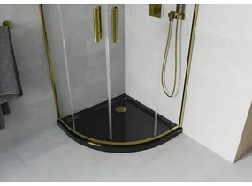 Mexen Rio, čtvrtkruhový sprchový kout s posuvnými dveřmi 80 (dveře) x 80 (dveře) x 190 cm, 5mm čiré sklo, zlatý profil + černá sprchová vanička SLIM, 863-080-080-50-00-4170G