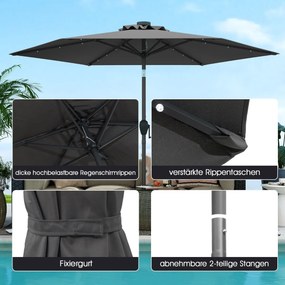 Costway Slunečník 230 cm s LED solárním osvětlením a klikou market, šedá