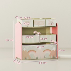 ZONEKIZ Dětská šatní skříň se 6 látkovými boxy, roztomilý motiv, 63x30x66 cm, růžová barva