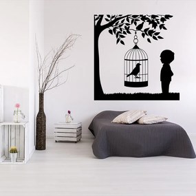 Živá Zeď Samolepka na zeď Ptáček v kleci na stromě Barva: černá, Velikost: 60 x 60 cm