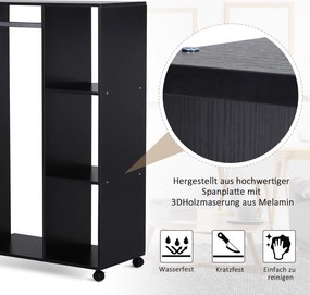 HOMCOM Skříň na kolečkách s otevřeným designem pro oblečení s ramínkovou tyčí a policemi organizátor pro ložnici 80x40x128 cm Černá