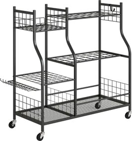 Outsunny organizér zahradního nářadí z oceli, 3 úrovně, 74 přihrádek, 4 kola, 11 háčků, 104x40x95 cm, černá