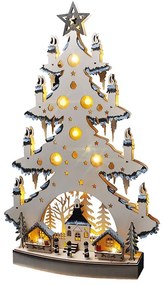 SOLIGHT LED dřevěný vánoční stromek s dekoracemi, 23x LED, přírodní barva, 64cm, 2x AA