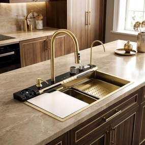 Rea, Multifunkční ocelový dřez 10 v 1 REA Alonzo Brush Gold, ZLE-06419