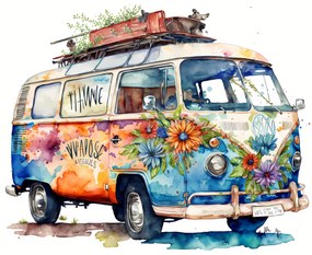 Plakát - Hippie dodávka, vanlife, akvarel FeelHappy.cz Velikost plakátu: A1 (59,4 × 84 cm)