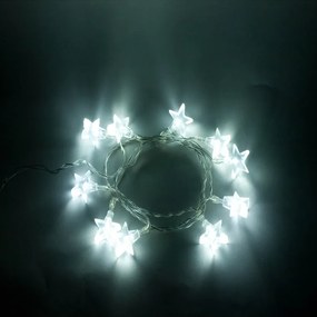 LED světýlka na baterie, hvězdičky, 1,8 m, ledově bílá, čirá barva kabelu, IP20, 2 × AA
