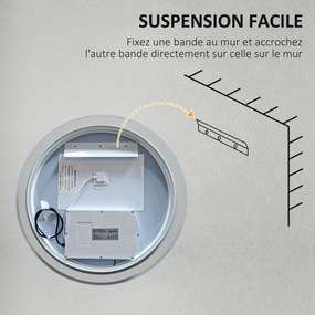 kleankin kulaté LED koupelnové zrcadlo Ø 70 cm, montáž na stěnu s osvětlením 3 barvy, dotykový spínač 23W, bílá/stříbrná