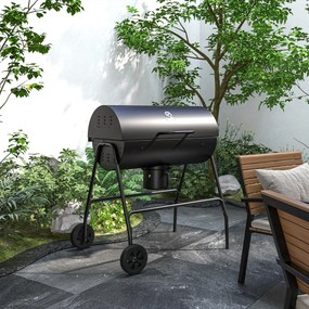 Outsunny Kovový gril na dřevěné uhlí BBQ udírna s víkem Teploměr Kolečka Grilovací vozík 95x71,5x102 cm Černá barva
