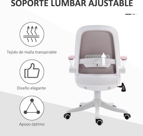 Vinsetto kancelářská otočná židle s opěradlem, nastavitelná výška s vyklápěcími opěrkami 120 kg pro kancelář nebo ložnici 62,5x60x94-104 cm Růžová