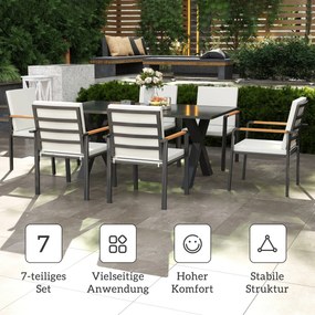 Outsunny 7dílná jídelní souprava pro zahradní patio - 1 stůl + 6 židlí s polštáři, weatherproof hliníkový rám, černá + šedá