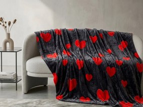 Mikroplyšová deka RED HEARTS, černá Rozměr: 200 x 220 cm