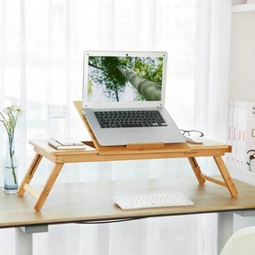 SONGMICS Stolek pod notebook bambusový, odvětrávání, úložný šuplík, šířka 89 cm