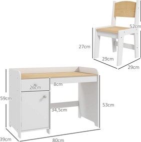 ZONEKIZ dětský psací stůl s židlí, dětský stůl s šuplíkem, přihrádkou a velkou pracovní plochou, pro 3 až 6 let, 80 x 39 x 59 cm, bílý