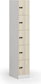 Šatní skříňka S1 s úložnými boxy, 5 boxů, 1850 x 300 x 500 mm, demont, mechanický kódový zámek, laminované dveře, dub přírodní