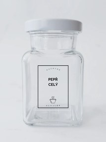 Samolepka na kořenky PEPŘ CELÝ průhledná 3 × 4 cm tučné písmo