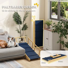 PawHut rampa pro psy Skládací rampa pro psy s odnímatelným zábradlím, protiskluzová, pomůcka pro psy do 40 kg, 85 x 40 x 78,5 cm, přírodní dřevo | Ao…