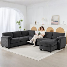 HOMCOM U-tvarovaná rohová sedací souprava, 292 × 224 × 85 cm — kordurový potah, kapsové pružiny, silně polstrované opěrky, odnímatelný taburet, rozkl…
