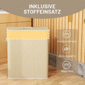 HOMCOM Bambusový koš na prádlo s víkem 100L Koš na prádlo se 2 přihrádkami a vyjímatelným vnitřním pytlem pro laundry room a ložnici 52x32x63 cm Přír…