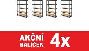 Akce 4x Regál 183x75x40 cm lakovaný 5-policový, nosnost 1000 kg, RIVET - černý