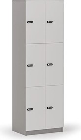 Dřevěná šatní skříňka S4 s úložnými boxy, 6 boxů, demont, mechanický kódový zámek, šedá/bílá