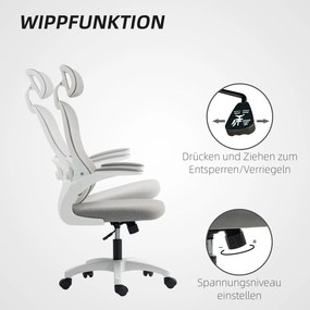 HOMCOM Ergonomická kancelářská židle s opěrkou zad z síťoviny, výškově nastavitelná, sklápěcí loketní opěrky, 5 koleček, houpací funkce, šedá