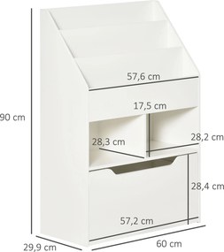 HOMCOM Dětská Dřevěná Knihovna se 3 Přihrádkami, 2 Čtvercovými Prostorami a Mobilním Zásuvkou na 4 Kolečkách - Knihovnička pro Dětský Pokoj, Hernu 60…