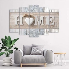 Gario Obraz na plátně Nápis Home na pozadí různých druhů dřeva - 5 dílný Rozměry: 100 x 70 cm