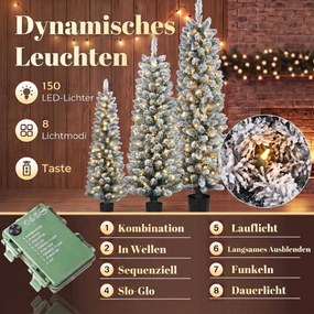 HOMCOM Sada 3 ks sněhem pokrytých LED vánočních stromků, úzké, s PVC větvemi, 90/120/150 cm