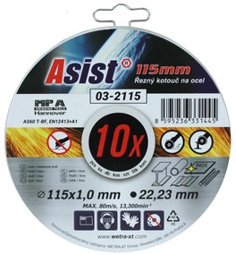 Sada řezných kotoučů ocel/INOX 115 x 1mm, 10ks v plechovém boxu ASIST 03-2115