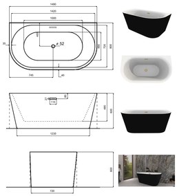 Besco Vica New B&W volně stojící vana se štěrbinovým přepadem, lesk Délka vany: 160cm