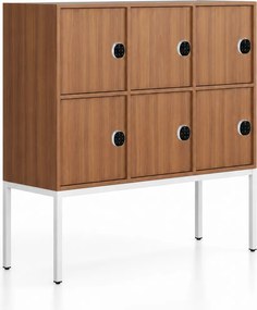 Kancelářská skříň FRAME, nízká, bílá podnož, 6x dveře, 1299 x 450 x 1331 mm, kódový zámek, ořech
