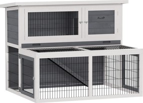 PawHut Kotec pro králíky 2 patra se skládací střechou, dřevěná králičí klec, zimní dvoupodlažní dům s výběhem 122x95x93,5 cm, venkovní úkryt pro malé…