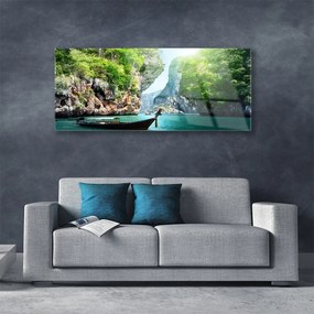 akrylový obraz Hora Voda Loďka Příroda 125x50 cm