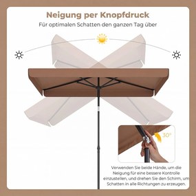 Costway Slunečník Obdélníkový s úhlem sklonu 30° Skládací – 200 × 130 cm, hnědý