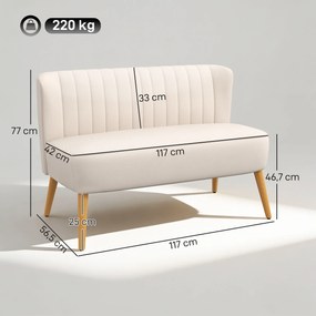 HOMCOM dvoumístná pohovka, čalounění se sametovým vzhledem pro obývací pokoj a ložnici, krémově bílá — 117 × 56,5 × 77 cm