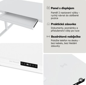 Elektrický psací stůl sit-stand se zásuvkou a bezdrátovou nabíječkou Qi bílý, 1400 mm: ELLIS