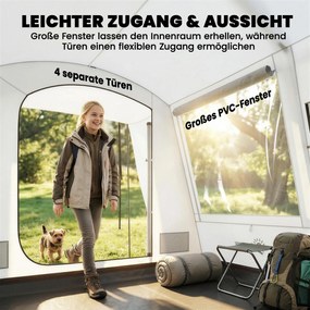 Zadní stan pro 2-4 osoby, 320 x 280 x 205 cm 2 v 1 nepromokavý tunelový stan se 4 dveřmi a okénkem na zemi