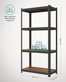Stojací police, knihovna, úložná police 40 × 80 × 160 cm, hnědá/černá