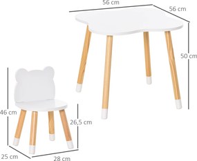 Sada stolu a 2 židlí HOMCOM pro děti - Dřevěný nábytek do dětského pokoje a herny 56x56x50 cm a židle 28x25x46 cm Přírodní a bílá