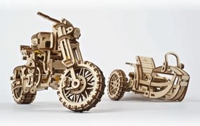 Ugears - 3D dřevěné mechanické puzzle Motorka scrambler s vozíkem