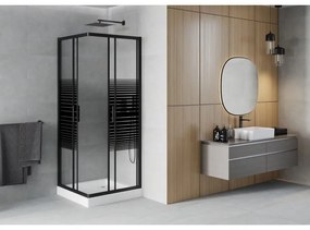 Mexen Rio, čtvercový sprchový kout 80(dveře)x80(dveře)x190 cm, 5mm čiré sklo-vzor pásky, černý profil + bílá sprchová vanička RIO, 860-080-080-70-20-4510